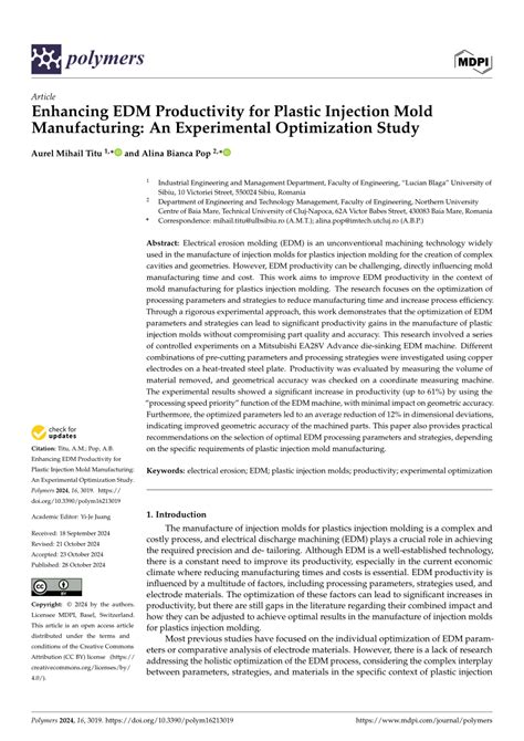 Pdf Enhancing Edm Productivity For Plastic Injection Mold Manufacturing An Experimental