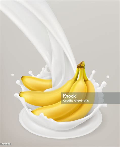 우유 스플래시 그리고 바나나입니다 3 차원 벡터 개체입니다 천연 낙농 제품 3차원 형태에 대한 스톡 벡터 아트 및 기타 이미지 3차원 형태 건강한 생활방식 과일