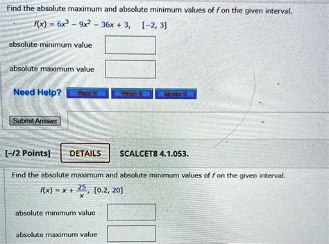 solved find the absolute maximum and absolute minimum values of f on