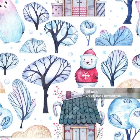 겨울 테마의 귀여운 물건이있는 정사각형의 원활한 패턴 곰 캐릭터 장식 된 집과 숲 나무와 흰색 배경에 덤불 포장지 및 벽지 디자인 0명에 대한 스톡 벡터 아트 및 기타