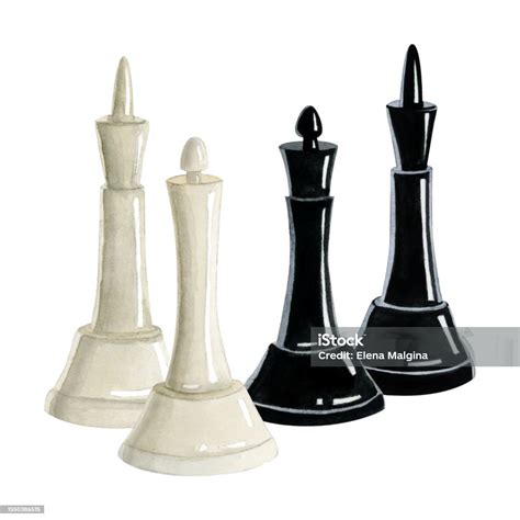 수채화 체스 왕과 여왕 흑백 조각 그림은 흰색 배경에 분리되어 있습니다 체스의 날과 지적 게임 클럽을 위한 현실적인 인물 그룹