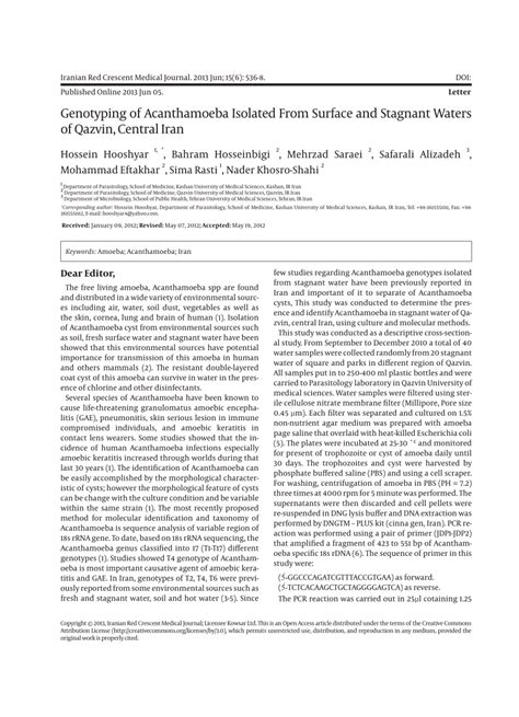 Pdf Isolation And Molecular Identification Of Acanthamoeba In Surface