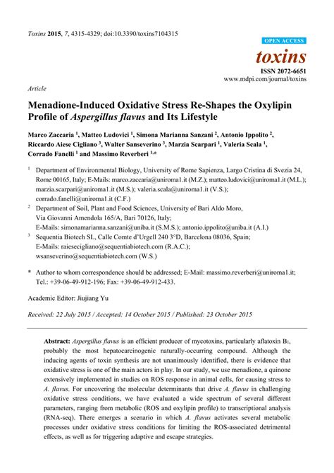 Pdf Menadione Induced Oxidative Stress Re Shapes The Oxylipin Profile