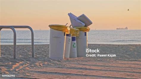 해변에서 밤새 파티를 마친 후 쓰레기 쓰레기로 가득 찬 금속 쓰레기통 0명에 대한 스톡 사진 및 기타 이미지 0명 경관 관광 Istock