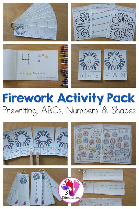 Firework Activity Pack Prewriting Shapes Abcs And Numbers 3 Dinosaurs
