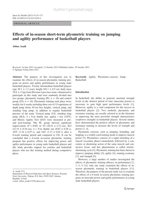 Pdf Effects Of In Season Short Term Plyometric Training On Jumping And Agility Performance Of