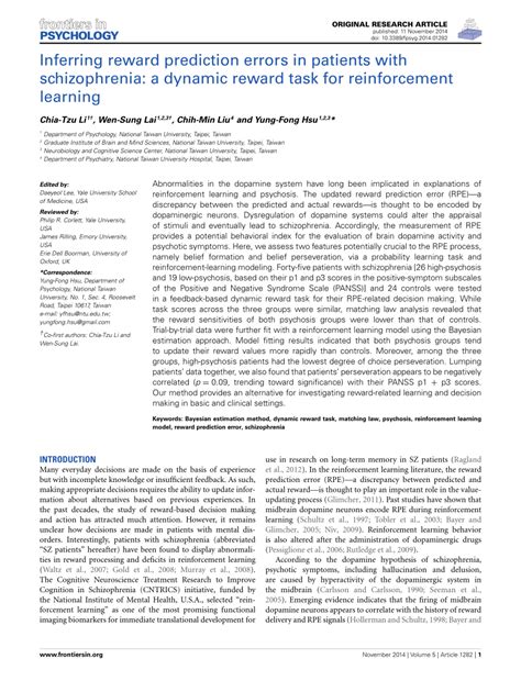 Pdf Inferring Reward Prediction Errors In Patients With Schizophrenia A Dynamic Reward Task
