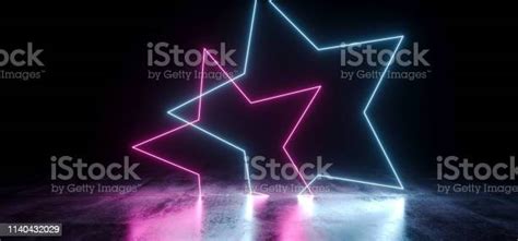 어두운 빈 블랙 스타 모양의 네온 빛나는 레이저 형광 가상 현실 블루 퍼플 활기찬 조명 그런 지 콘크리트 반사 바닥 빈 홀 룸 터널 3d 렌더링 0명에 대한 스톡 사진 및