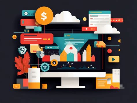 Digital Illustration Of Computer Screen Displaying Data Analytics And Cloud Computing Elements