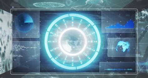 Image Of Interface With Round Scanner And Data Processing Against Network Of Connections Stock