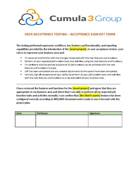 user acceptance testing form revised user acceptance testing acceptance sign off form the