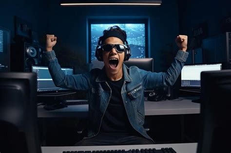 Premium Ai Image Cheerful Male Hacker In Headset Rejoicing In A Successful Cyber Attack In A