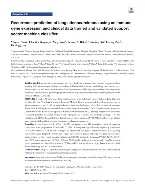 Pdf Recurrence Prediction Of Lung Adenocarcinoma Using An Immune Gene Expression And Clinical