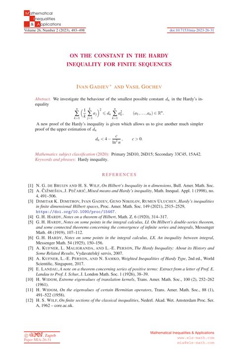 Pdf On The Constant In The Hardy Inequality For Finite Sequences