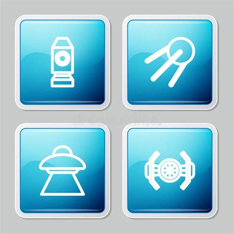 Set Line Rocket Ship Satellite Ufo Flying Spaceship And Cosmic Icon