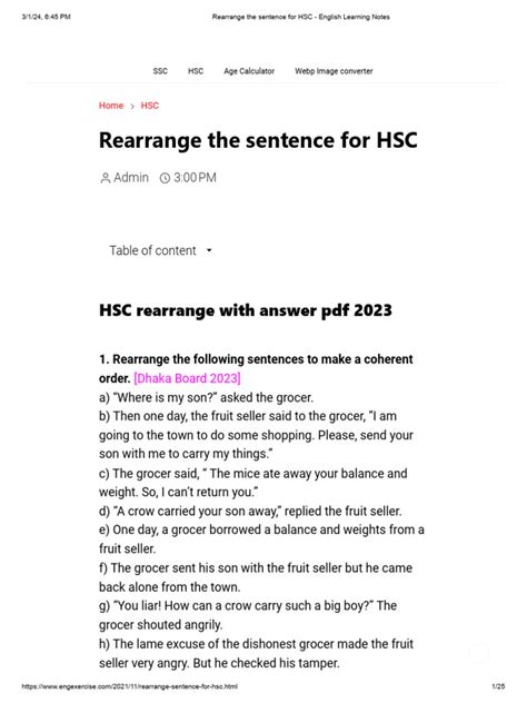 Rearrange The Sentence For Hsc English Learning Notes Pdf