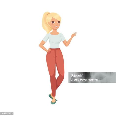 금발 여성 캐릭터 빨간 바지에 포니 테일과 함께 스탠딩 포즈 흔들리는 손 벡터 일러스트 레이 션 감정에 대한 스톡 벡터 아트 및 기타 이미지 Istock