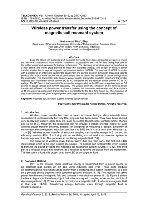 Wireless Power Transfer Using The Concept Of Magnetic Coil Resonant System Pdf