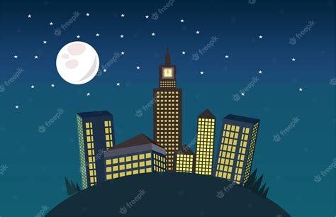 Una Vista Del Edificio De Noche Con La Luna Las Estrellas Y Los árboles Vector Premium