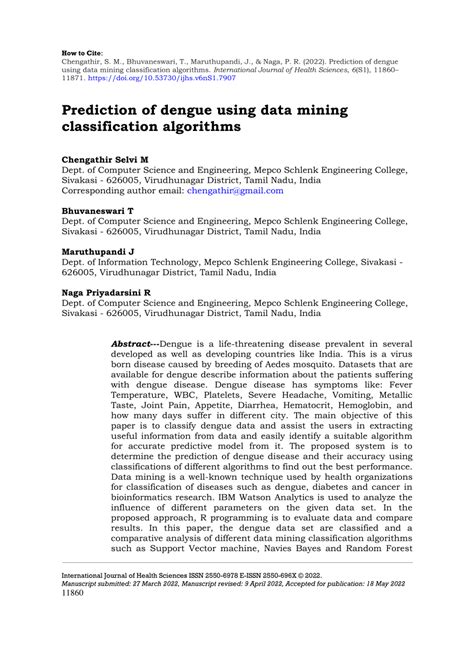 Pdf Prediction Of Dengue Using Data Mining Classification Algorithms