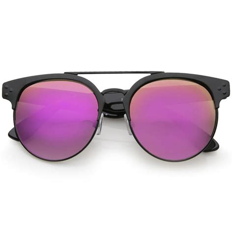 Modern Horn Rimmed Brow Bar Colored Mirror Round Aviator Sunglasses 54