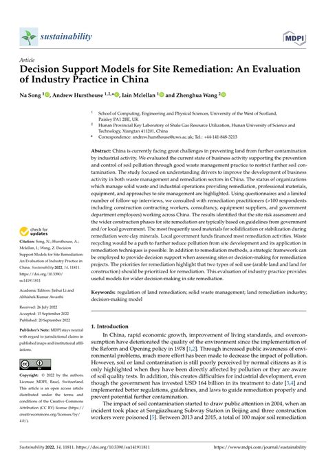 Pdf Decision Support Models For Site Remediation An Evaluation Of Industry Practice In China