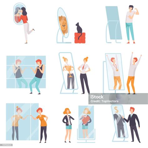 자기 애가 의 사람들 문자 거울을보고 자신의 감탄 세트 남자 여성 Qnd 고양이 과대 평가 자신 자신감 동기 부여 벡터 일러스트 거울에 대한 스톡 벡터 아트 및 기타 이미지