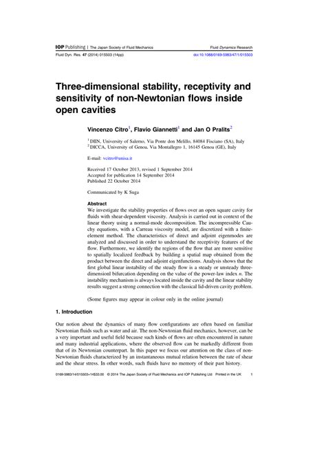 PDF Three Dimensional Stability Receptivity And Sensitivity Of Non Newtonian Flows Inside
