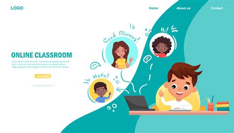 디지털 교실 온라인 교육 웹 사이트 템플릿 배경 귀여운 여학생 아이 앉아 에 테이블 과 보고 에 교사 가정 생활에 대한 스톡 벡터 아트 및 기타 이미지 Istock