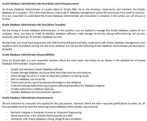 Oracle Database Administrator Job Description And Its Requirements