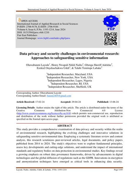 Pdf Data Privacy And Security Challenges In Environmental Research Approaches To Safeguarding
