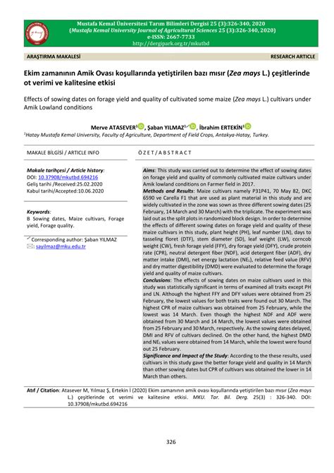 Pdf Effects Of Sowing Dates On Forage Yield And Quality Of Cultivated Some Maize Zea Mays L