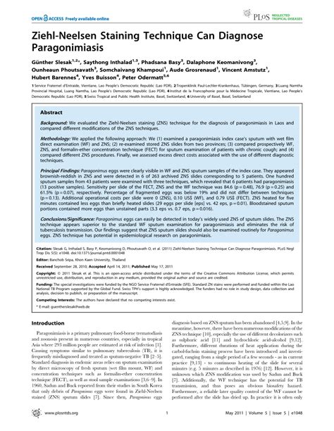 Pdf Ziehl Neelsen Staining Technique Can Diagnose Paragonimiasis