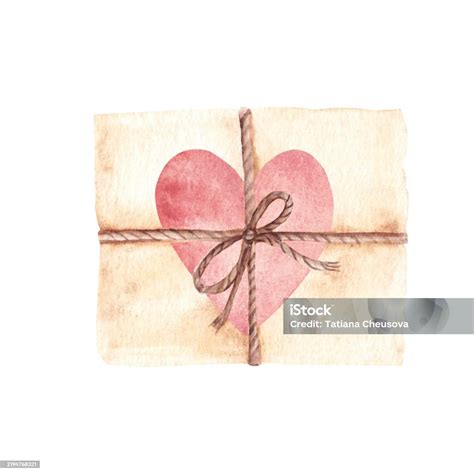 오래 된 빈티지 러브 레터 핑크 하트 코드 또는 꼬기로 묶여 손으로 그린 수채화 그림은 흰색 배경에 고립되어 있습니다 카드 전단지 초대장 및 스크랩북용 2월에 대한 스톡