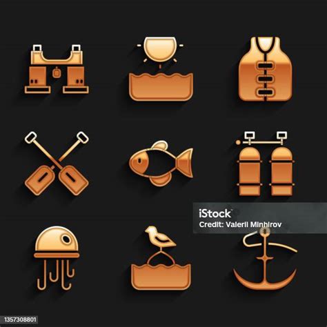 물고기 세트 갈매기는 부표 앵커 아쿠아룽 해파리 패들 구명 조끼 및 쌍안경 아이콘에 앉아 있습니다 벡터 검은색에 대한 스톡 벡터 아트 및 기타 이미지 Istock