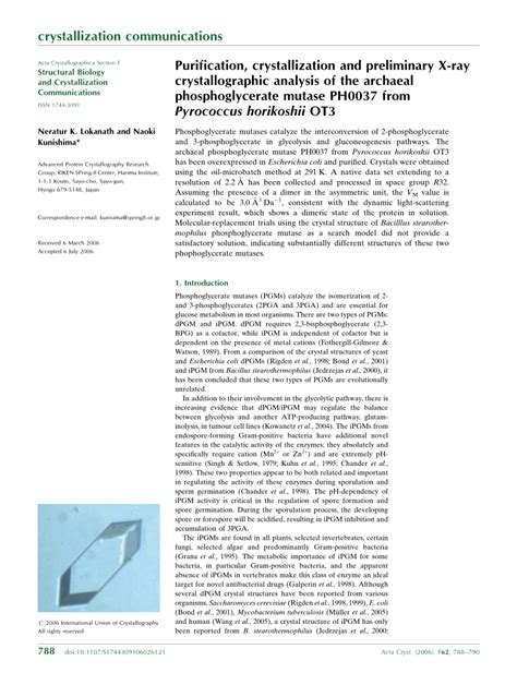 Pdf Purification Crystallization And Preliminary X Ray Crystallographic Analysis Of The