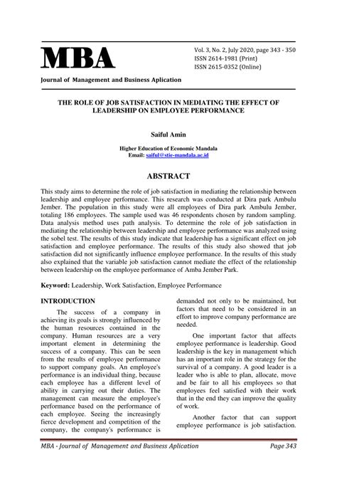 Pdf The Role Of Job Satisfaction In Mediating The Effect Of Leadership On Employee Performance