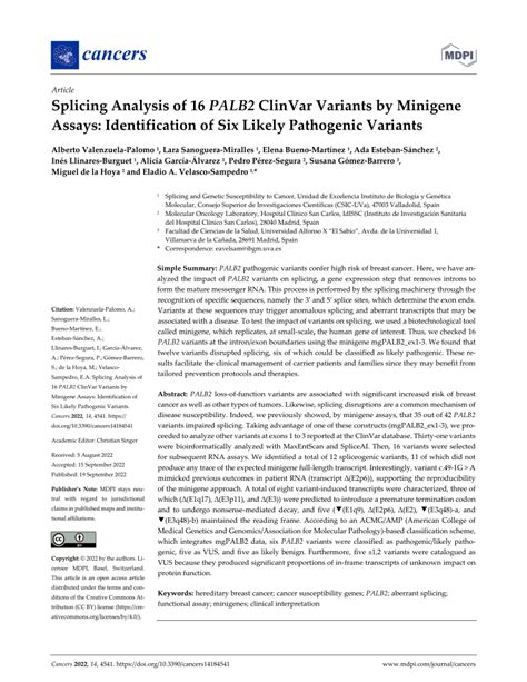 Pdf Splicing Analysis Of 16 Palb2 Clinvar Variants By Minigene Assays Identification Of Six