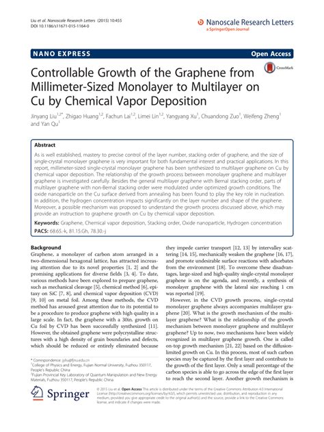 Pdf Controllable Growth Of The Graphene From Millimeter Sized Monolayer To Multilayer On Cu By
