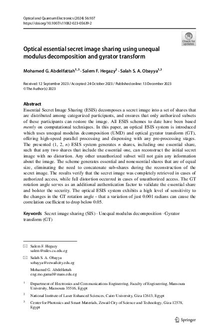 Pdf Optical Essential Secret Image Sharing Using Unequal Modulus Decomposition And Gyrator