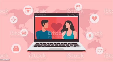 세계지도에 노트북에 커플의 온라인 데이트 또는 장거리 관계 2명에 대한 스톡 벡터 아트 및 기타 이미지 2명 가상현실 개념 Istock