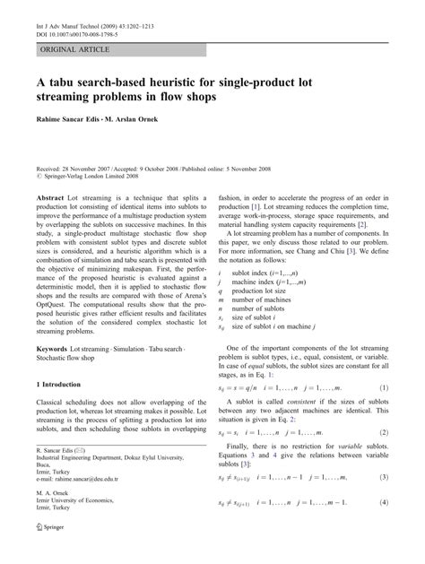 Pdf A Tabu Search Based Heuristic For Single Product Lot Streaming Problems In Flow Shops