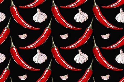향긋한 빨간 고추와 마늘을 사용한 음식 원활한 패턴 섬유 포장 레스토랑 메뉴에 대 한 완벽 한 음식 배경 손으로 그린 그림 건강한 생활방식에 대한 스톡 벡터 아트 및 기타