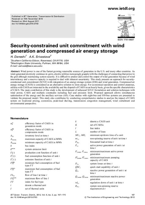Pdf Security Constrained Unit Commitment With Wind Generation And Compressed Air Energy Storage