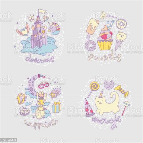 마법의 성 먹고 고양이 유니콘과 소녀는 달에 꿈 같은 스티커 디자인 벡터 재미 있는 착 색 한 십 대 소녀 아이콘 귀여운 만화 십 대 개체의 집합 낙서 아이콘 라운드 장식