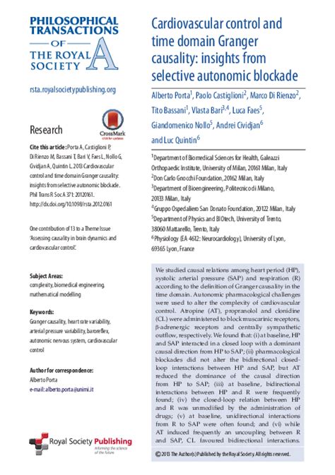 Pdf Cardiovascular Control And Time Domain Granger Causality