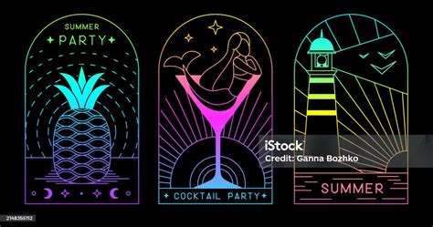 인어 파인애플 등대가 있는 현대 형광 라인 아트 여름 아이콘 세트입니다 여름 포스터 세트입니다 벡터 일러스트 레이 션 계절에