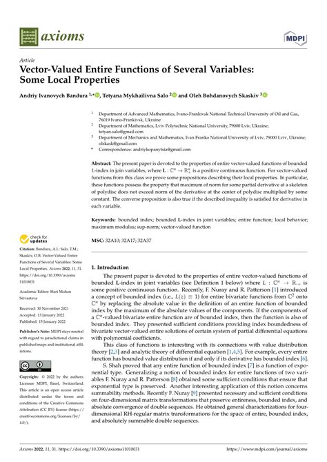 Pdf Vector Valued Entire Functions Of Several Variables Some Local Properties