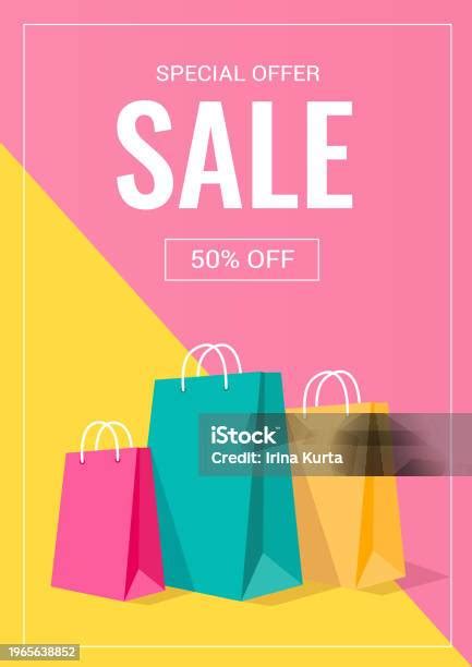 프로모션 판매 전단지 분홍색과 노란색 배경의 선물 가방 A4 벡터 일러스트 레이 션에 대 한 포스터 배너 특별 제공 세일에 대한 스톡 벡터 아트 및 기타 이미지 Istock