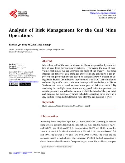 PDF Analysis Of Risk Management For The Coal Mine Operations